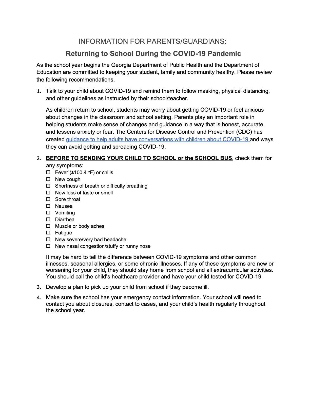 Health and Safety Precautions / Covid-19 Guidelines for Parents